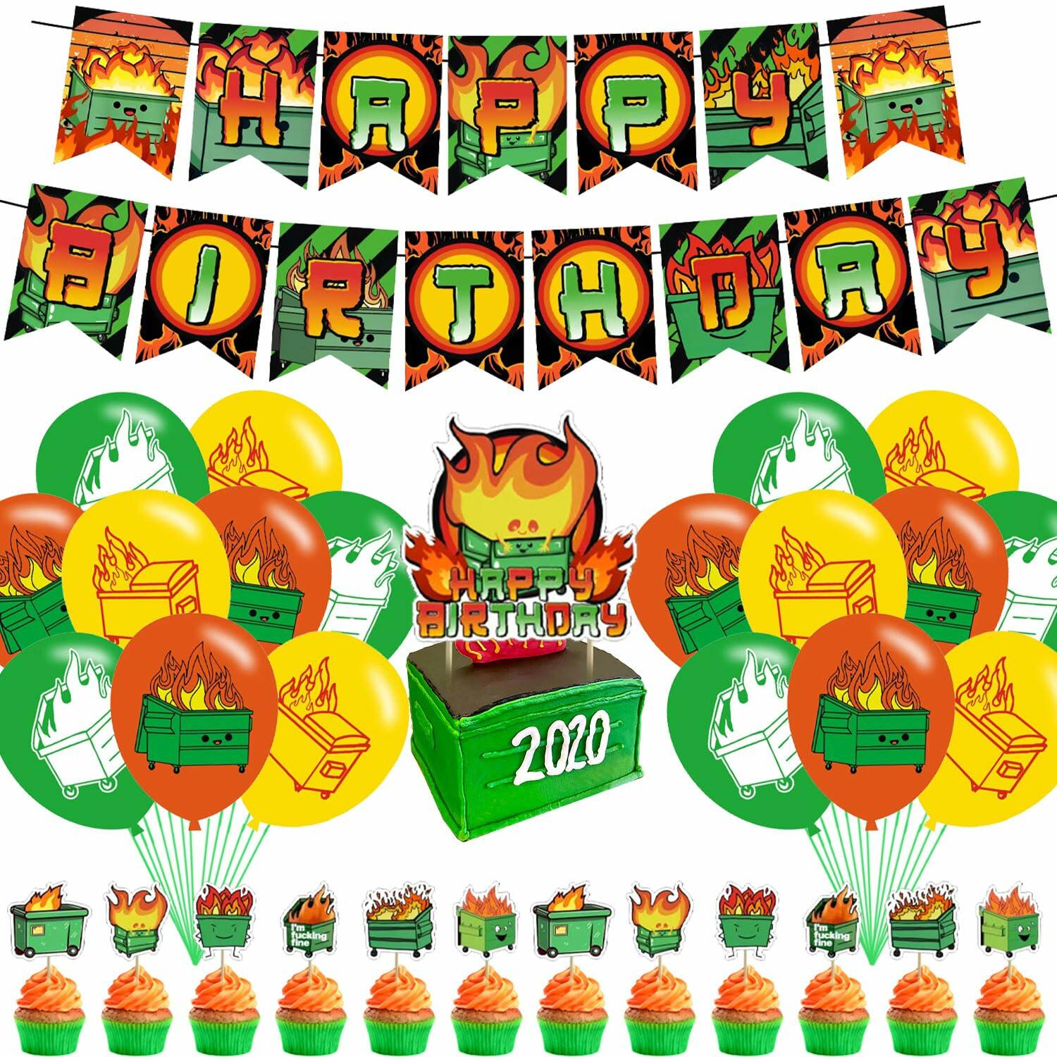 McbeAn Dumpster Fire Birthday Party Supplies Banner Cake Topper Balloo ...