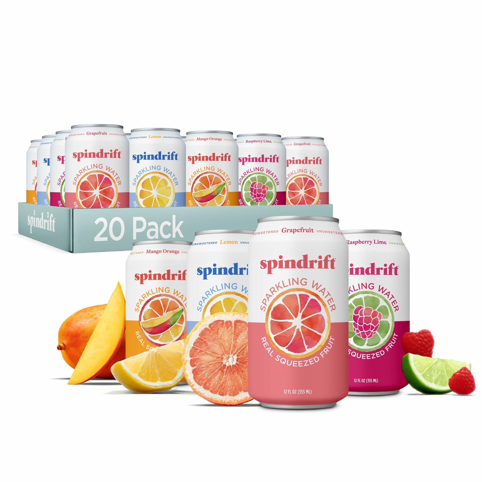 Spindrift Sparkling Water Variety Pack 4 Flavors Real Fruit 12oz 20 Ca ...